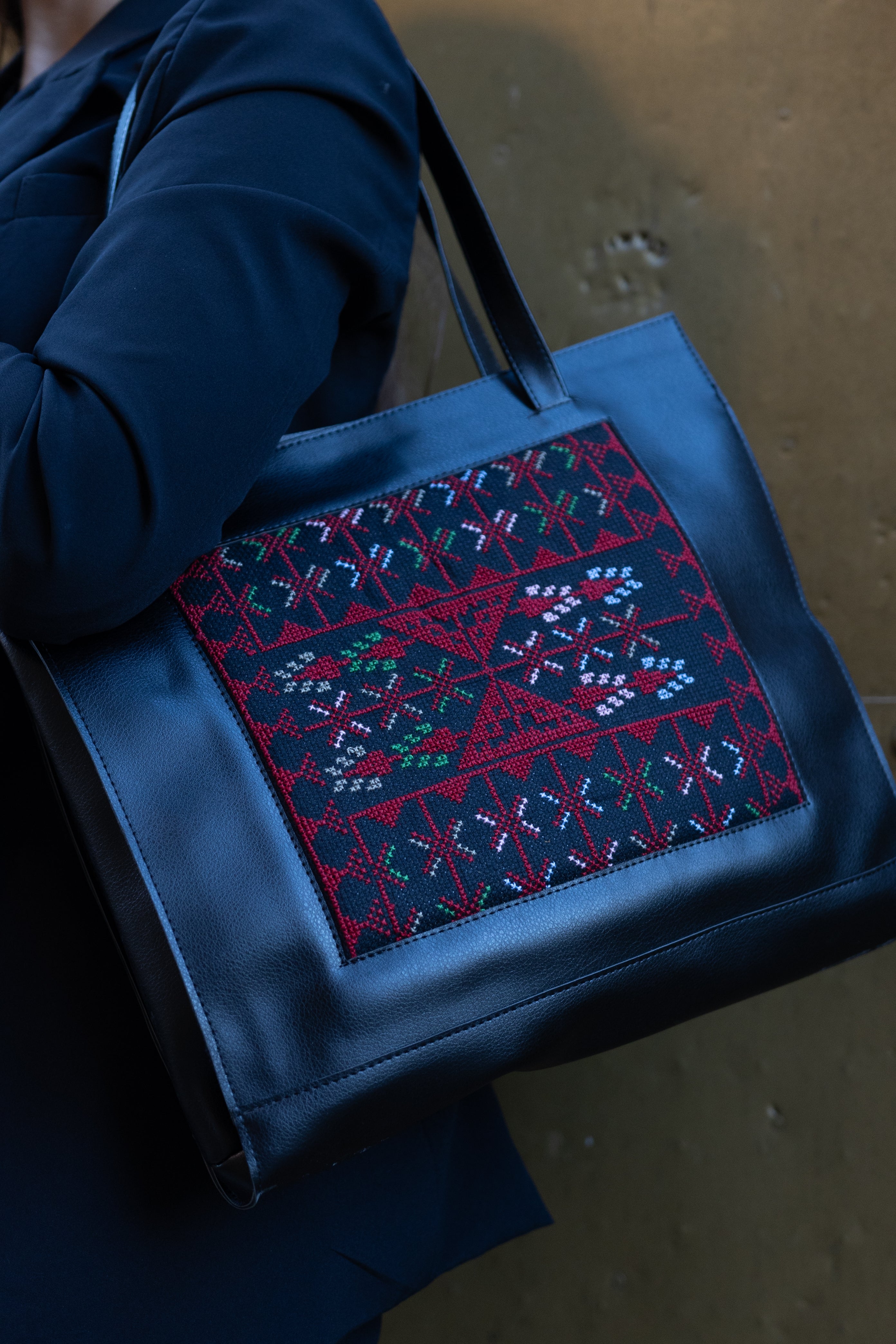 Hand Embroidered Black Leather Handbag (more designs) | Hilweh Market