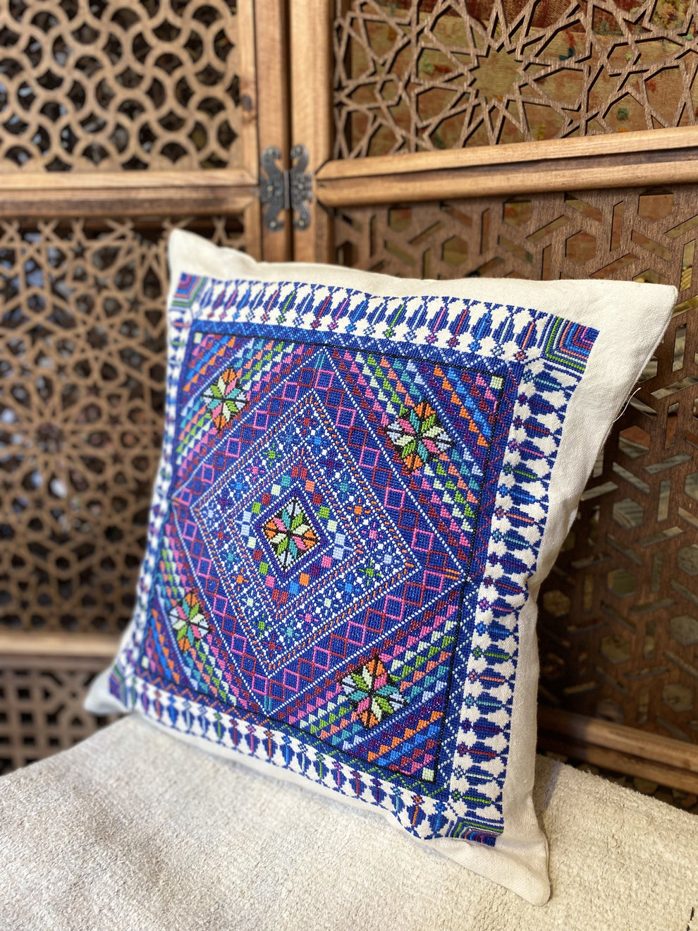 Palestinian Embroidered Mosaic Blue Cushion Covers | Hilweh Market