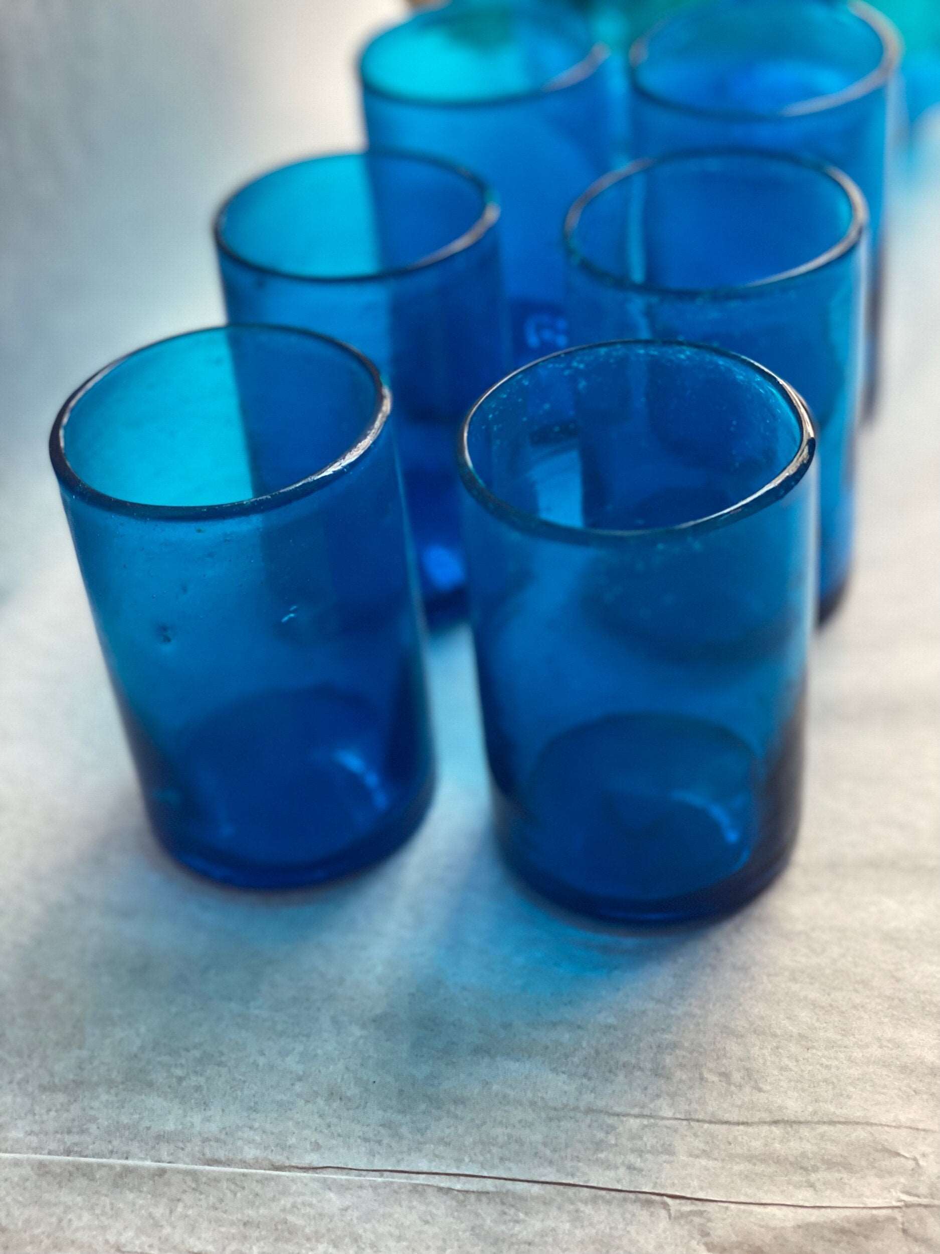 Set of 2 handblown short aqua blue glass cups | Hilweh Market